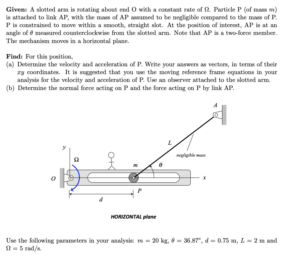 Solved Given: A slotted arm is rotating about end O ﻿with a | Chegg.com