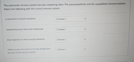 Solved The autonomic nervous system has two competing sides: | Chegg.com