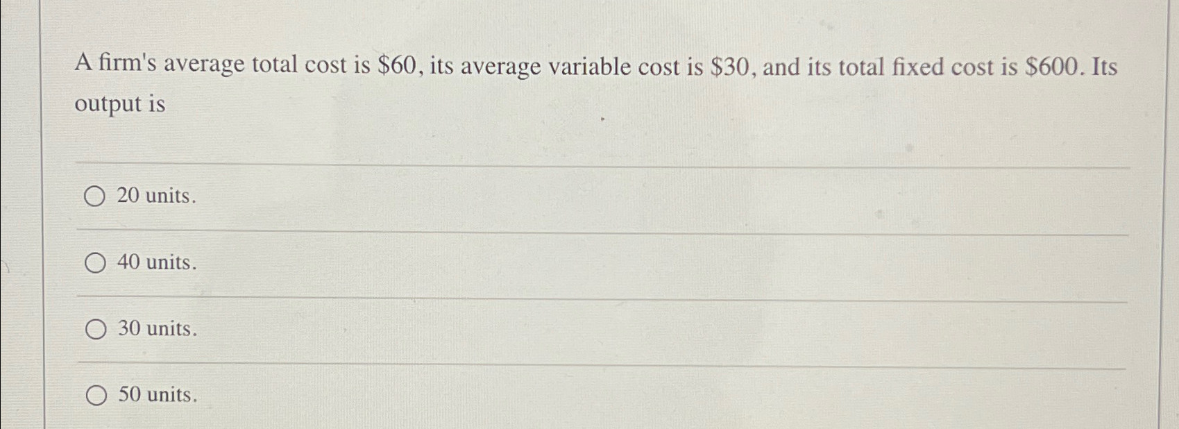 Solved A firm's average total cost is $60, ﻿its average | Chegg.com