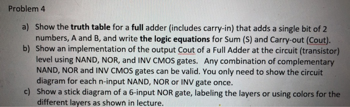 Solved Problem 4 a) Show the truth table for a full adder | Chegg.com