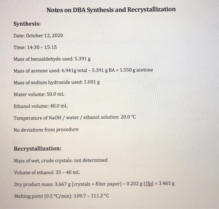 Solved Dibenzalacetone Synthesis and Recrystallization | Chegg.com