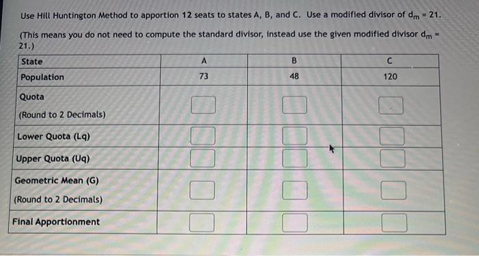 Solved Use Hill Huntington Method to apportion 12 seats to | Chegg.com