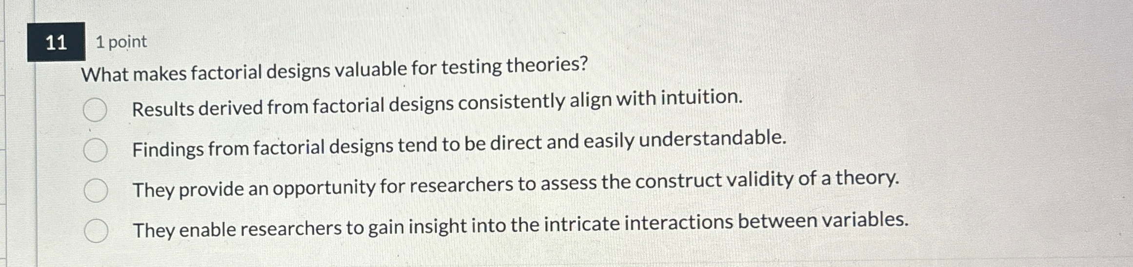 Solved 111 ﻿pointWhat makes factorial designs valuable for | Chegg.com