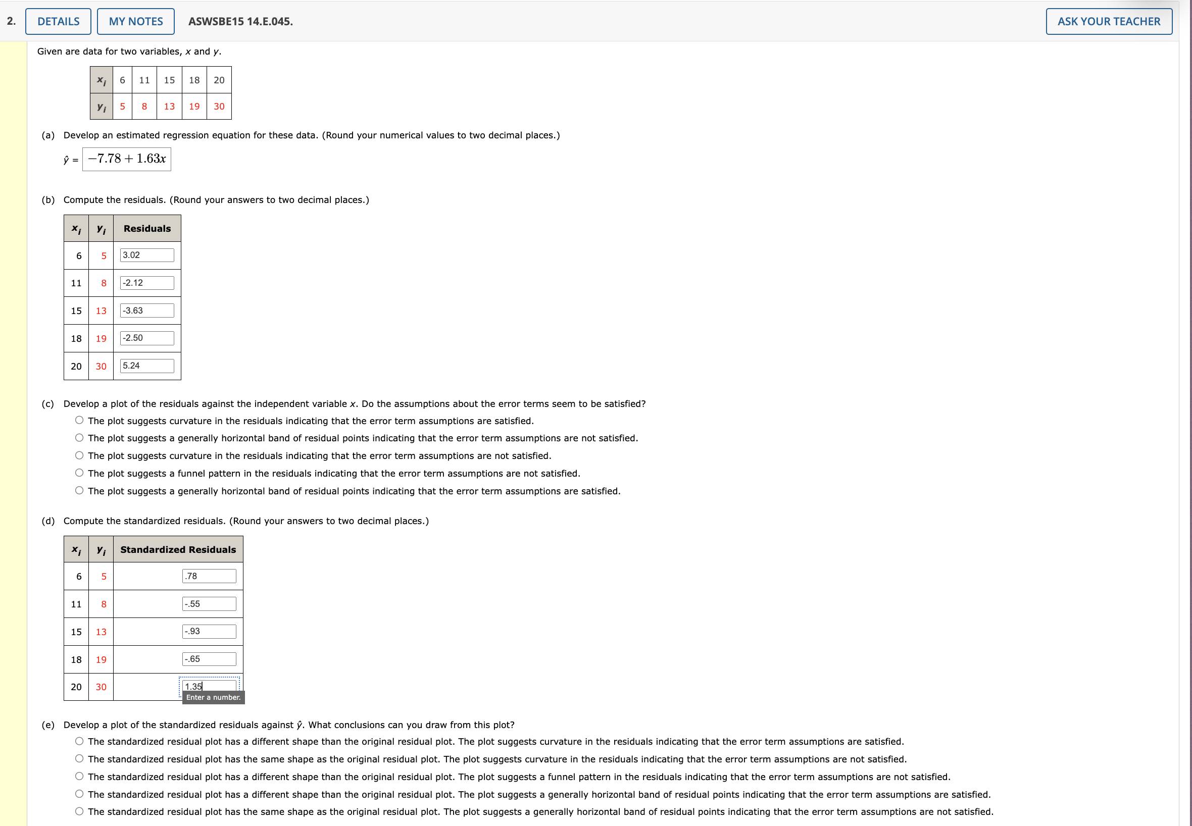 Solved (c) ﻿Develop a plot of the residuals against the | Chegg.com