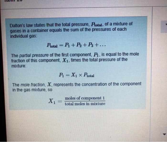 Solved Dalton's law states that the total pressure, Ptotal, | Chegg.com
