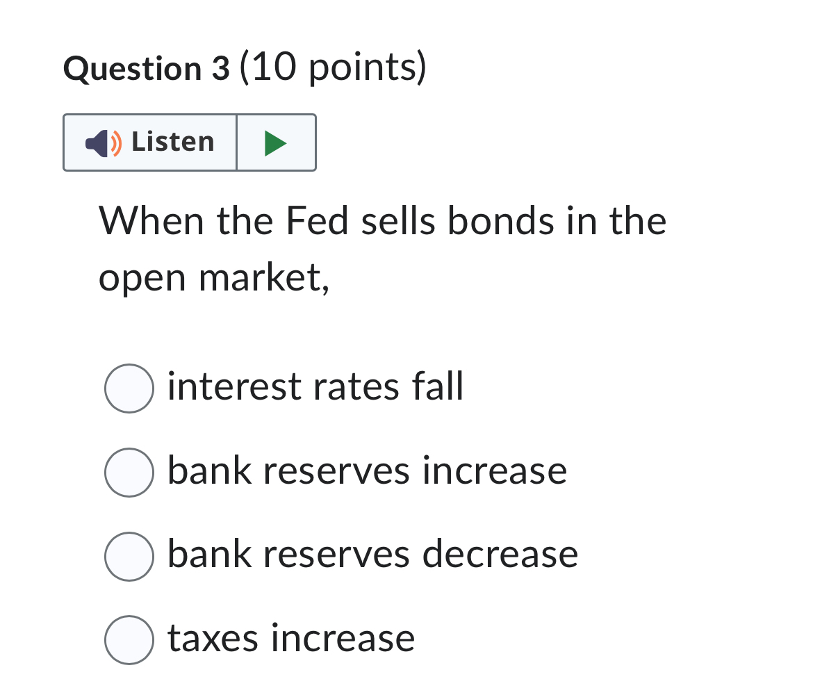 Solved Question 3 (10 ﻿points)When the Fed sells bonds in | Chegg.com