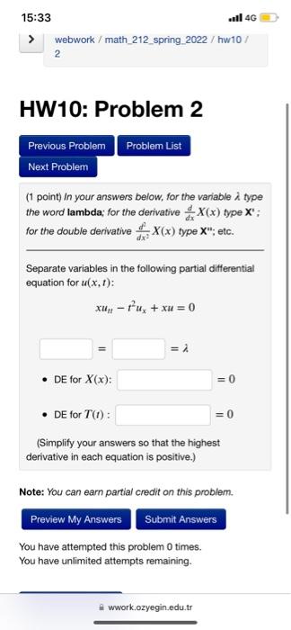 Solved 15:33 4G webwork/math_212_spring 2022/ hw10/ 2 HW10: | Chegg.com