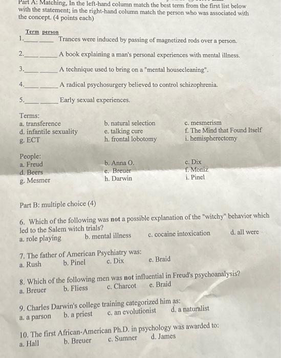 Solved Part A: Matching, In the left-hand column match the | Chegg.com
