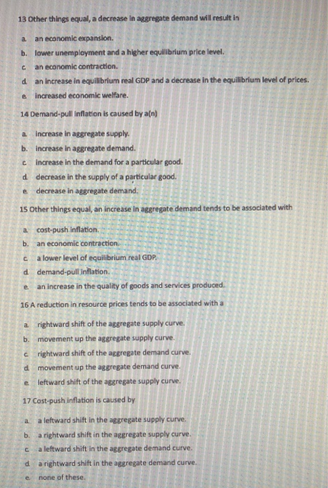 Solved 13 Other things equal, a decrease in aggregate demand | Chegg.com