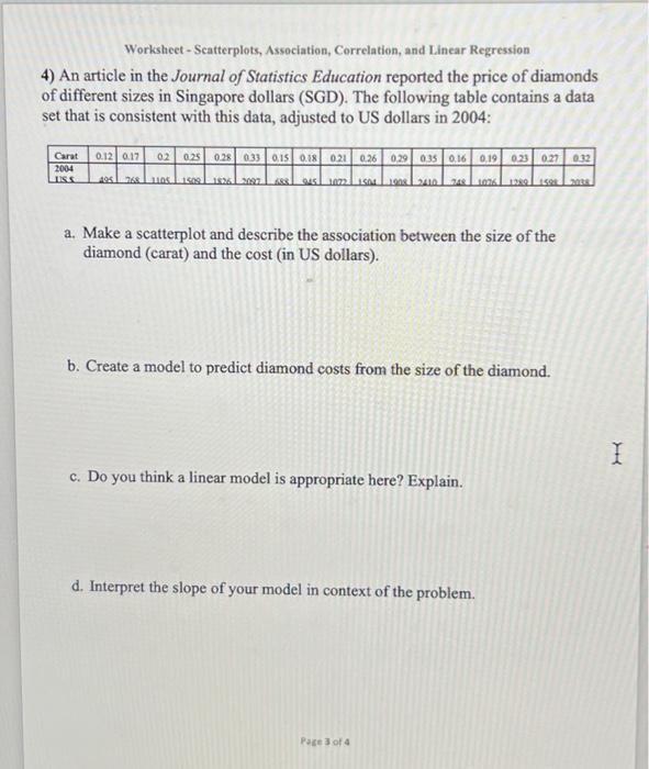 Solved Worksheet - Scatterplots, Association, Correlation, | Chegg.com