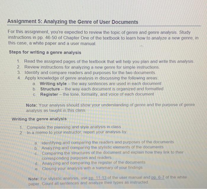 Assignment 5: Analyzing the Genre of User Documents | Chegg.com