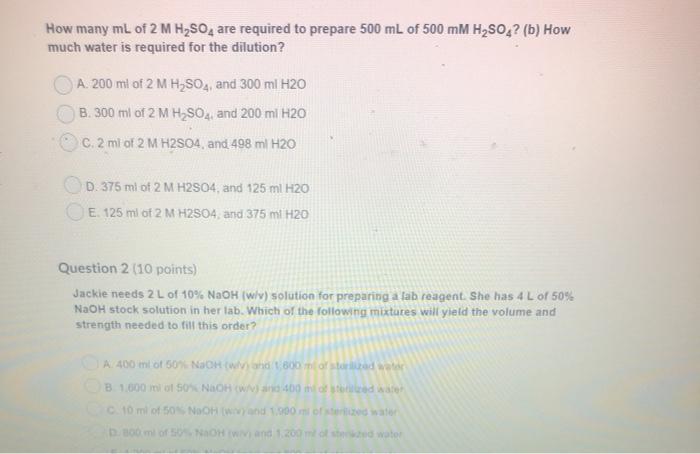 Solved How many mL of 2 M H,So, are required to prepare 500 | Chegg.com