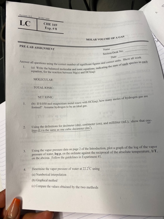 Solved LC | SF CHE 169 Exp. #8 MOLAR VOLUME OF A GAS PRE-LAB | Chegg.com