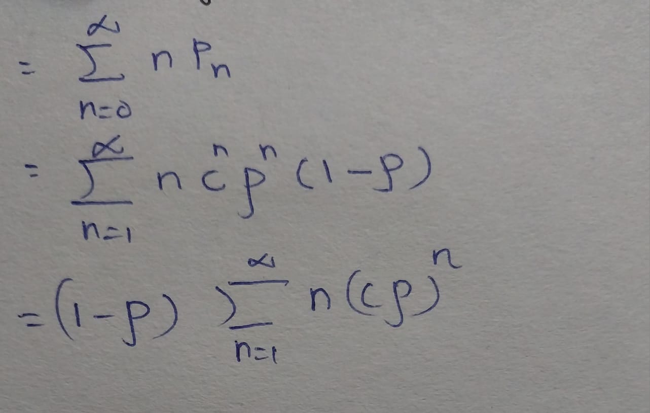 Solved =∑n=0∞nPn=∑n=1∞ncnρn(1-ρ)=(1-ρ)∑n=1∞n(cρ)n | Chegg.com
