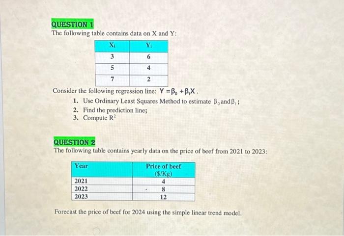 Solved QUESTION 1 The following table contains data on X and | Chegg.com