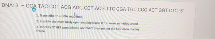 Solved DNA: 3' - GC GCA TAC CGT ACG AGC CCT ACG TTC GGA TGC | Chegg.com