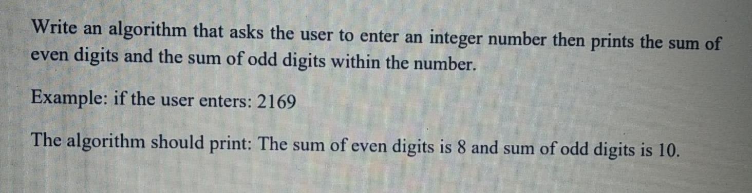 Solved Write an algorithm that asks the user to enter an | Chegg.com