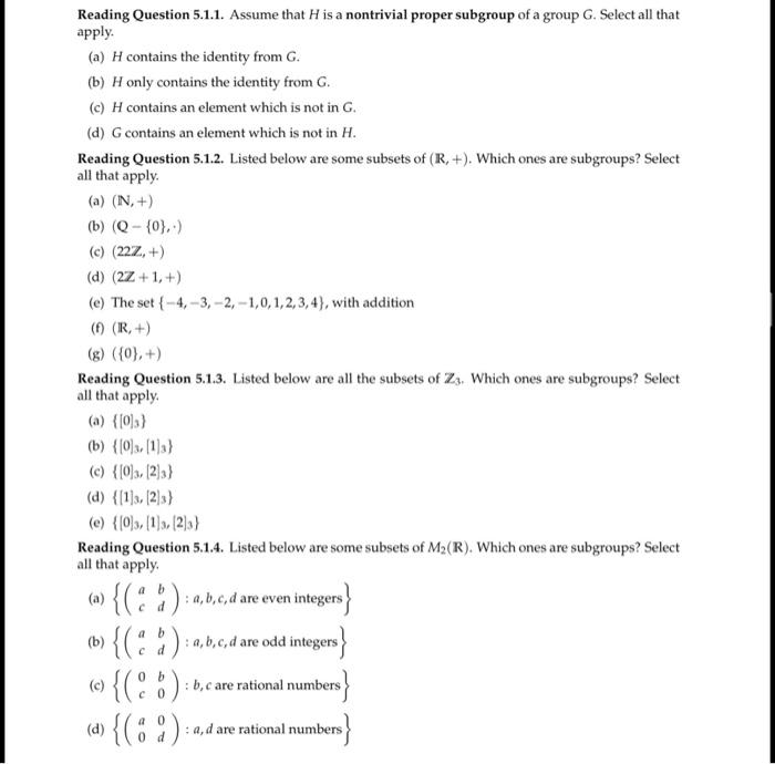 Solved Reading Question 5.1.1. Assume that H is a nontrivial | Chegg.com