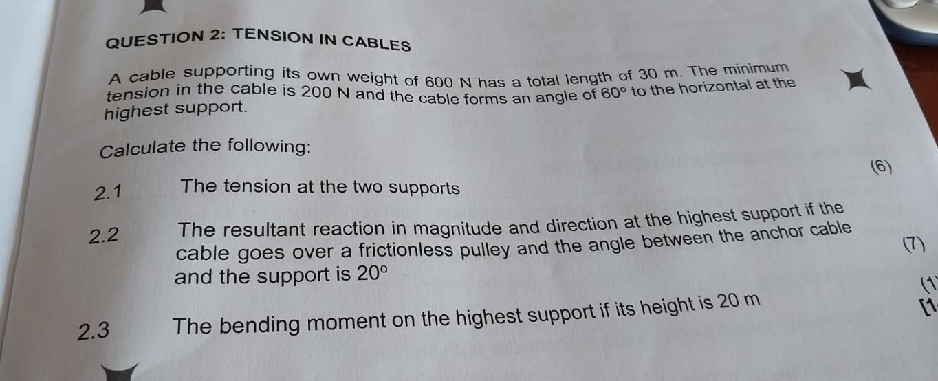 Solved QUESTION 2: TENSION IN CABLES A cable supporting its | Chegg.com