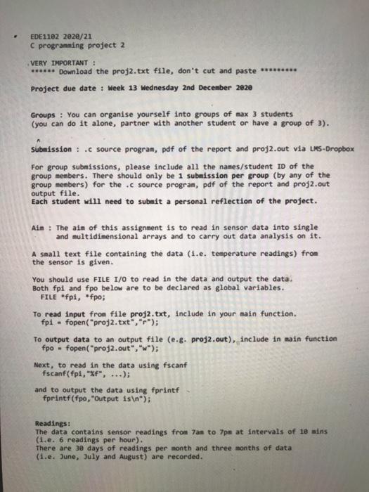 EDE1102 2020/21 C programming project 2 VERY | Chegg.com