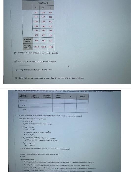 Solved (a) Compute the sum of squares between trostments. | Chegg.com