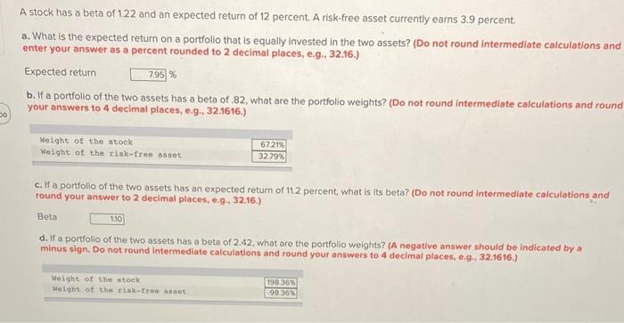 Solved A stock has a beta of 1.22 and an expected return of | Chegg.com