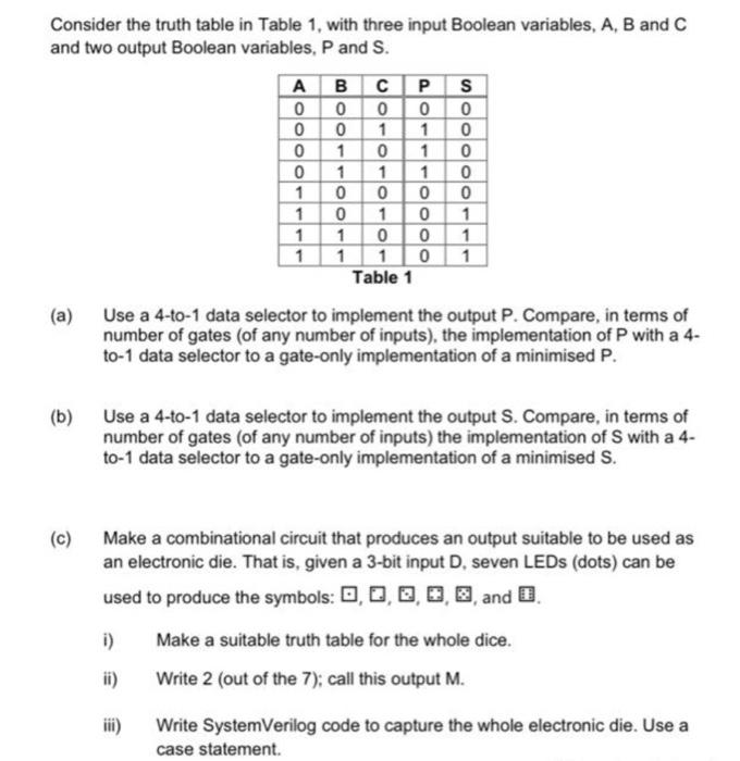 Solved Consider the truth table in Table 1, with three input | Chegg.com