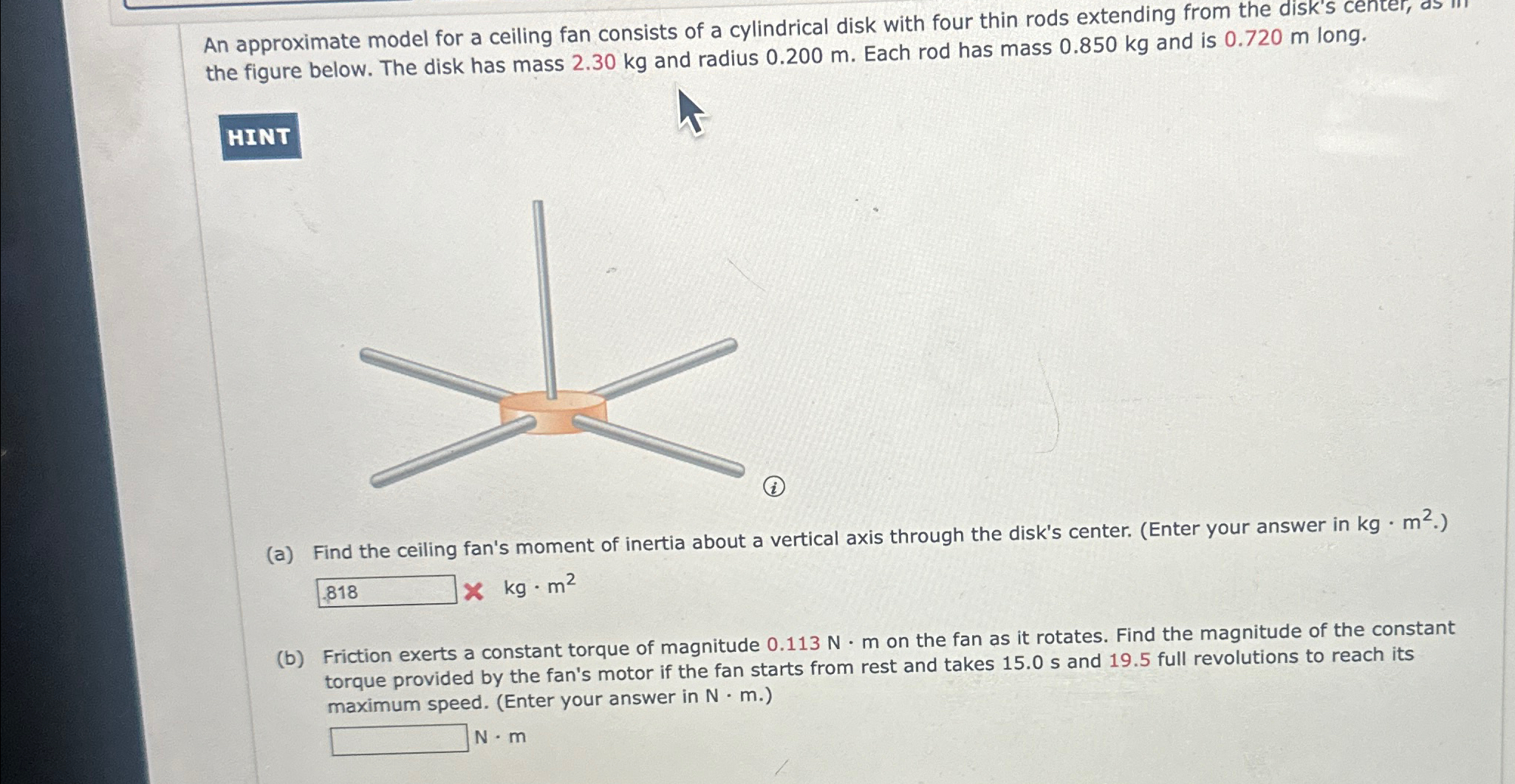 Solved An approximate model for a ceiling fan consists of a | Chegg.com