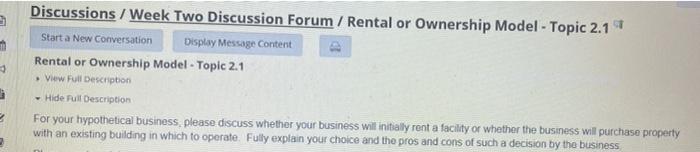 Solved Discussions / Week Two Discussion Forum / Rental or | Chegg.com