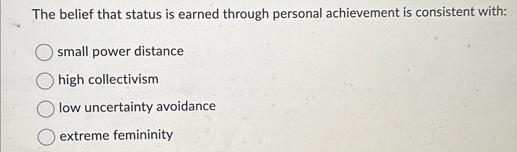 Solved The belief that status is earned through personal | Chegg.com
