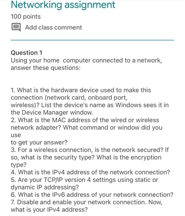 Solved Networking assignment 100 points Add class comment | Chegg.com