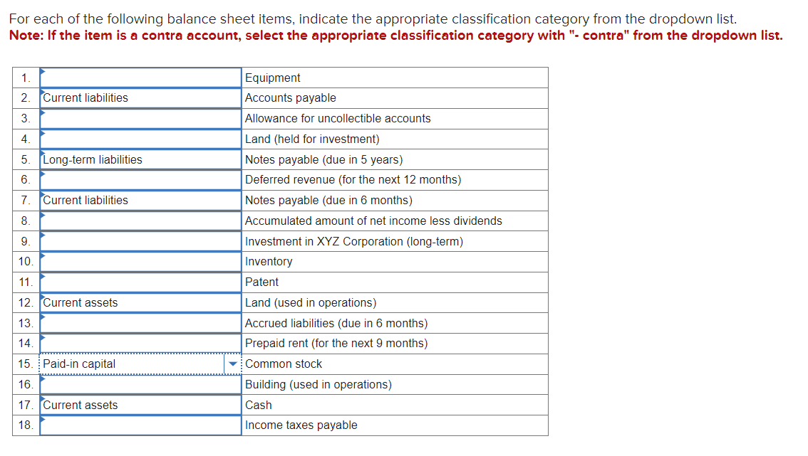 Solved For each of the following balance sheet items, | Chegg.com