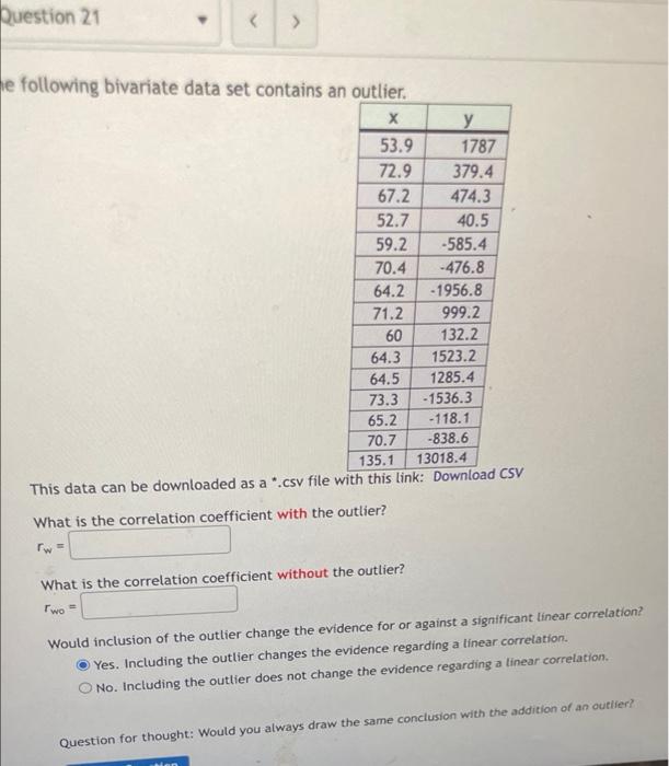 Solved Question 21 he following bivariate data set contains | Chegg.com