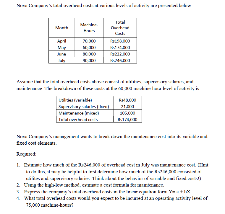 Nova Company's total overhead costs at various levels | Chegg.com