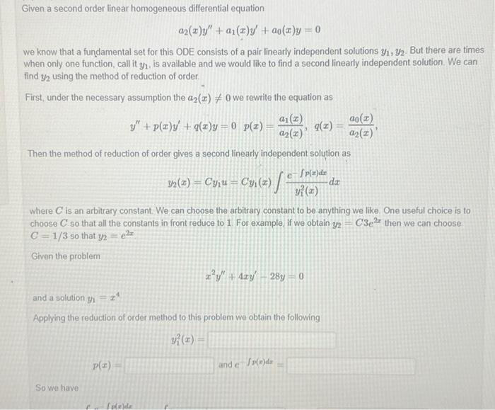 Solved Given A Second Order Linear Homogeneous Differential 0108