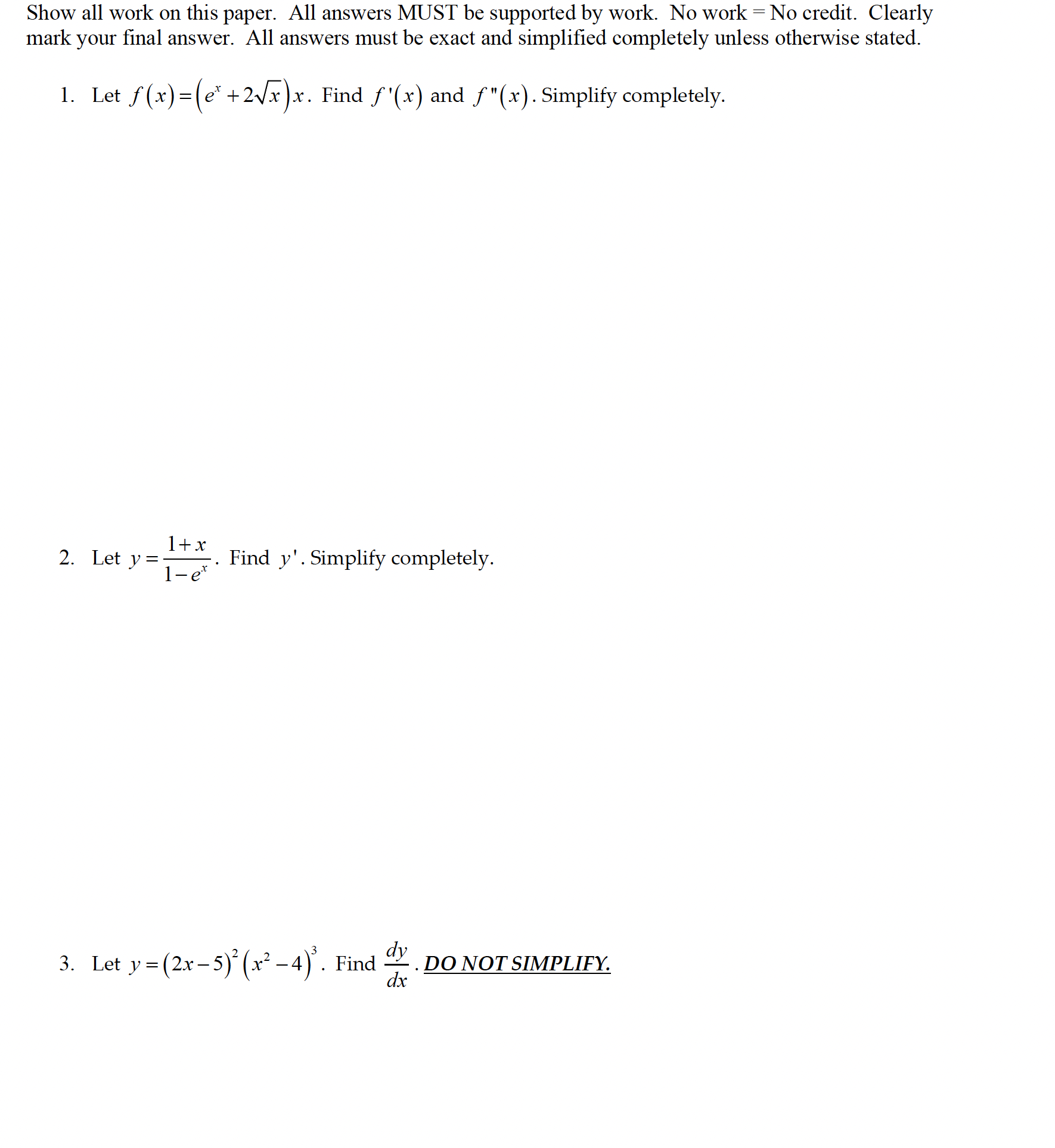 Solved Show all work on ﻿this paper. All answers MUST be | Chegg.com