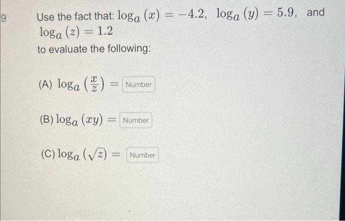 Solved Use the fact that: loga(x)=−4.2,loga(y)=5.9, and | Chegg.com