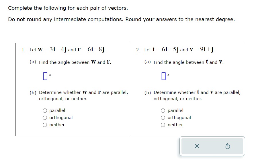 Solved Complete the following for each pair of vectors.Do | Chegg.com