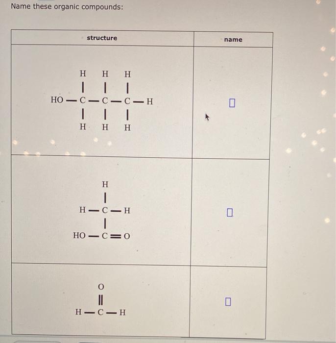 Solved Name these organic compounds: structure name Η Η Η Τ | Chegg.com