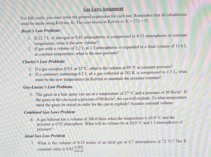 Solved Gas Laws Assignment For full credit, you must write | Chegg.com