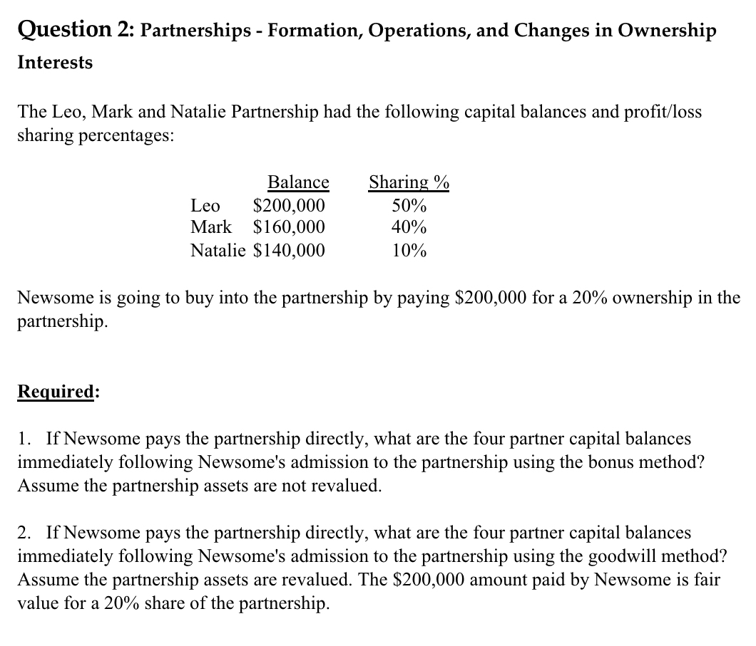 Solved Question 2: Partnerships - ﻿Formation, Operations, | Chegg.com