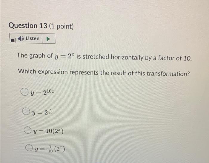 Solved The graph of y=2x is stretched horizontally by a | Chegg.com