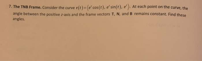 Solved 7. The TNB Frame. Consider the curve r(t)=(e' cos(t), | Chegg.com