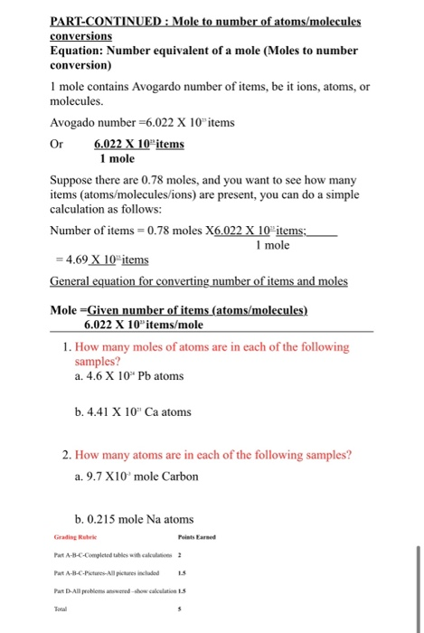 Solved PART-CONTINUED : Mole to number of atoms/molecules | Chegg.com