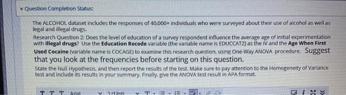 Solved Question Completion Status: The ALCOHOL dataset | Chegg.com