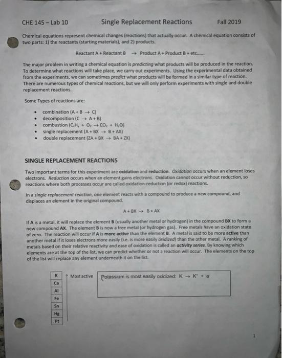 Solved CHE 145 - Lab 10 Single Replacement Reactions Fall | Chegg.com