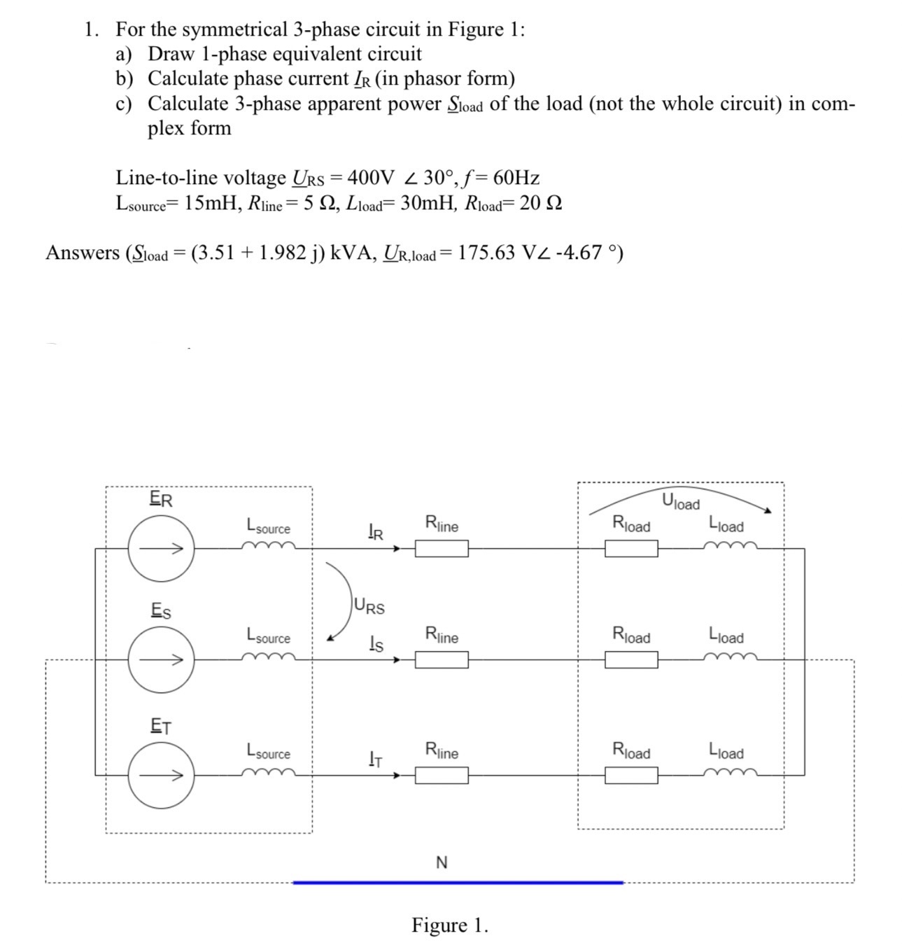 Solved For the symmetrical 3-phase circuit in Figure 1:a) | Chegg.com