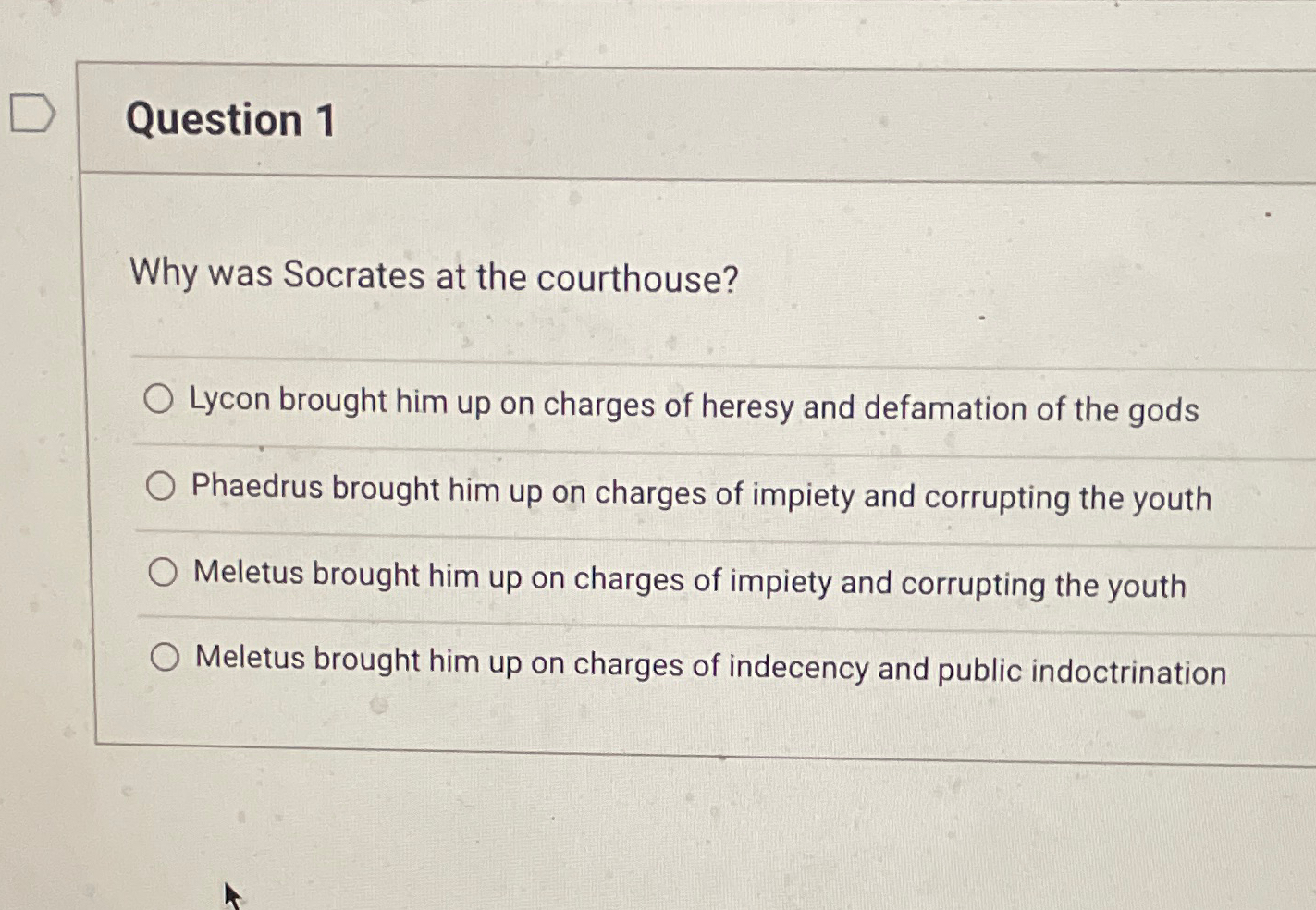 Solved Question 1Why was Socrates at the courthouse?Lycon | Chegg.com