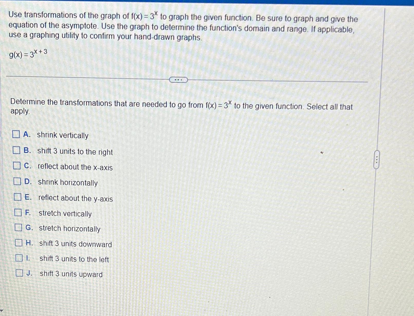 Solved Use transformations of the graph of f(x)=3x ﻿to graph | Chegg.com