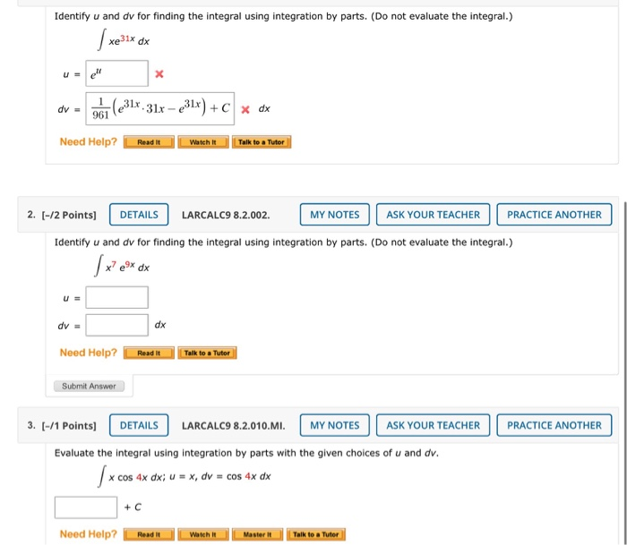 Solved Identify u and dv for finding the integral using | Chegg.com